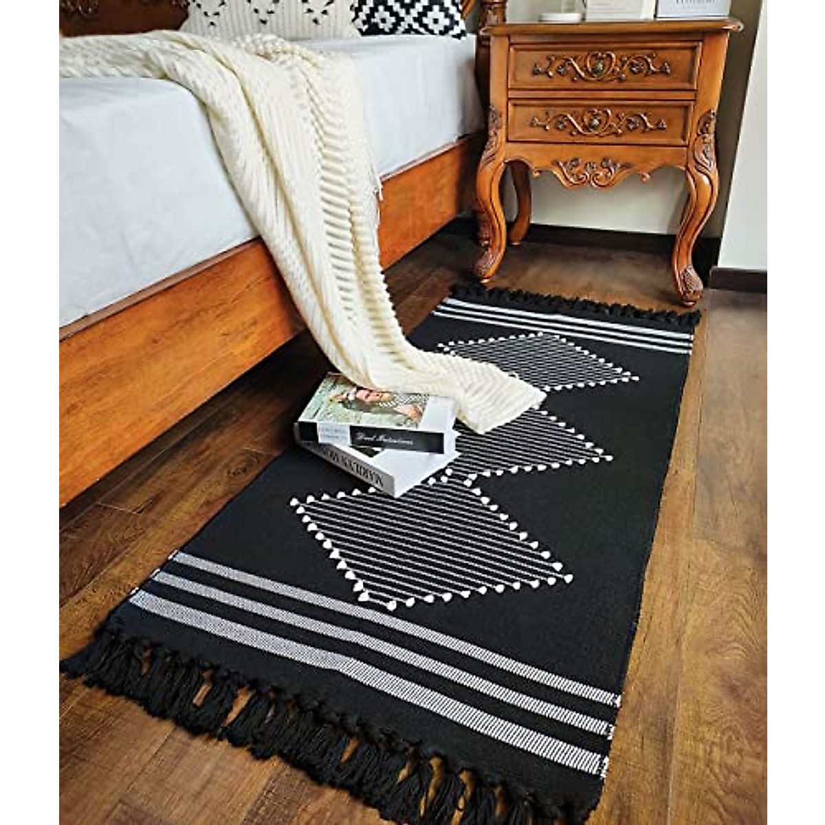 Boho Kitchen Rug Runner 2.3'x5.3' Bathroom Rugs with Tassels,Black Moroccan Farmhouse Cotton Bath Mat Woven Chic Cute Throw Sink Rug Washable for Hallway Bedroom Living Room Indoor Outdoor Decor