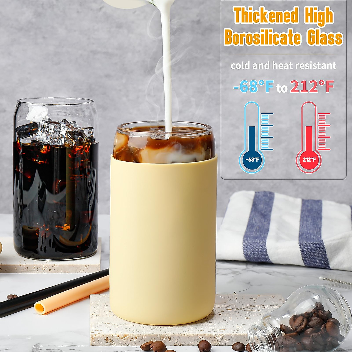 Glass Cups with Lids and Straws 2 pcs, Glass Cups with Silicone Protective Sleeve-16 oz Iced Coffee Cups with Lids，Glass Coffee Cups for Beer, Tea, Gift Giving