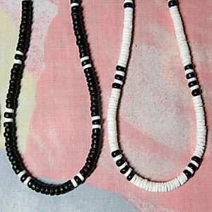 Native Treasure 18" (4 Pack) Mens and Womens Summer Beach Surfer Necklaces From the Philippines, White Ark Shells and Black Coconut Beads