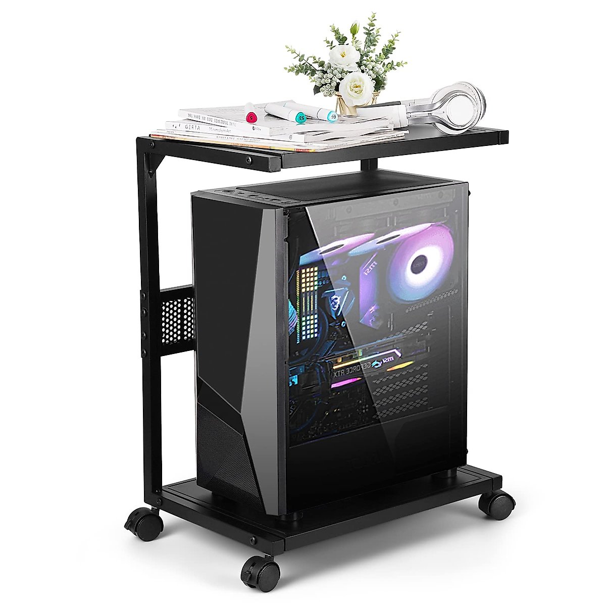 Bfttlity PC Stand Computer Tower Stand 2-Tier Metal CPU Stand with Locking Caster Wheels Suitable for Most PC (S)