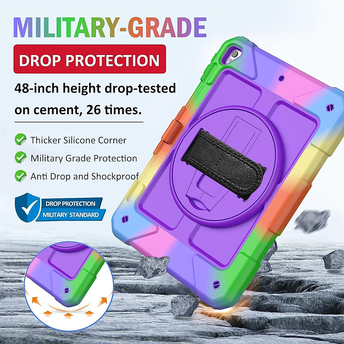 BMOUO Case for iPad 6th/5th Generation Case (9.7 inch, 2018/2017), 360°Rotating Stand, Hand/Shoulder Strap Shockproof iPad 9.7” Case for iPad Air 2, Purple