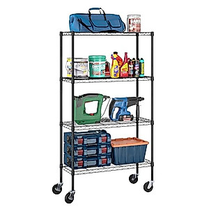 Furinno Wayar 4-Tier Metal Storage Shelf Rack Cart with Casters, 36 x 14 x 58, Black