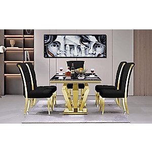 ACEDÉCOR Dining Chairs,Upholstered High end Velvet Dining Room Chair with Metal Back Ring Pull Trim Golden Legs, Modern Elegant Dining Chair for Living Room, Meeting Room, Kitchen (Black, Set of 6)