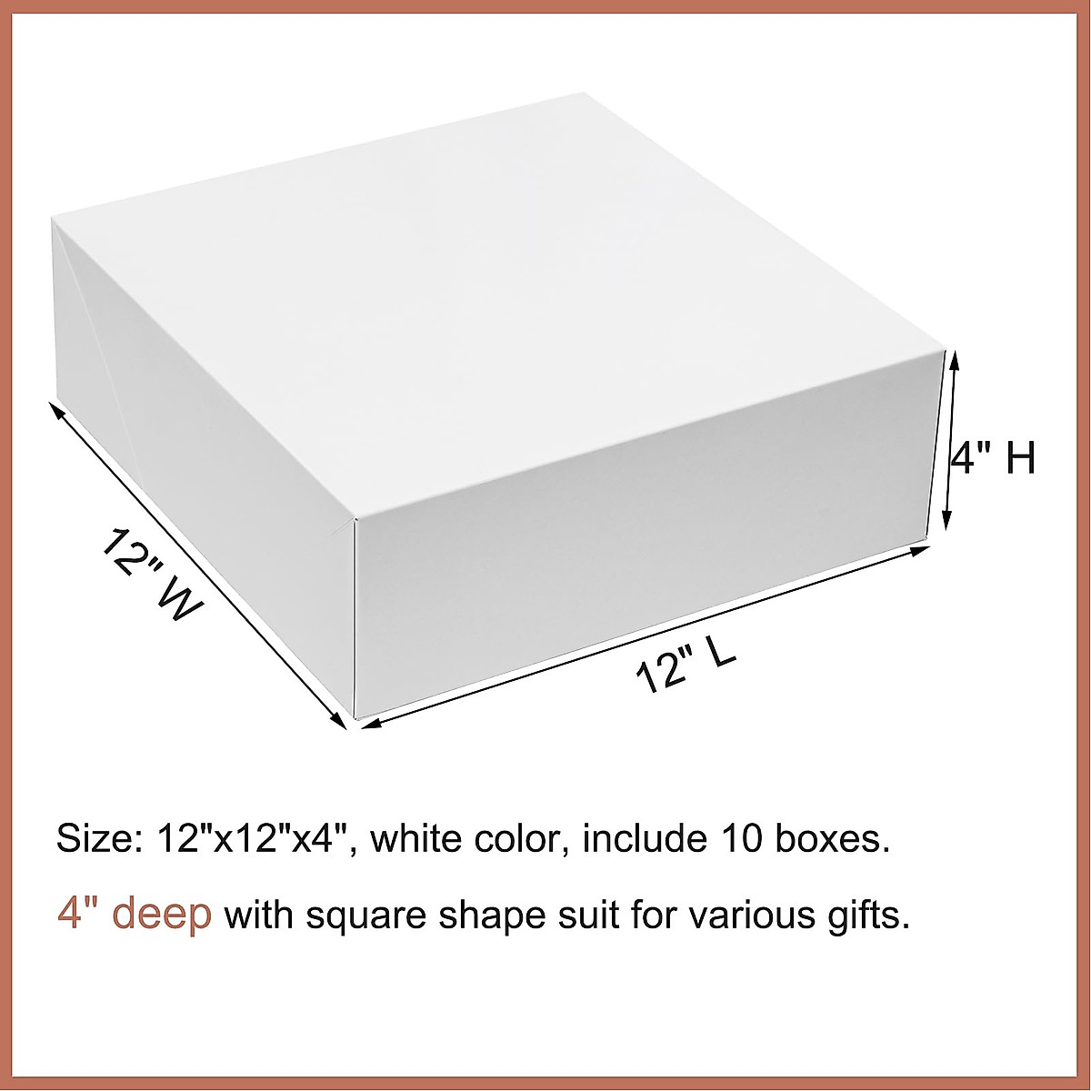 Mefleet 12x12x4 Inches Large Gift Boxes with Lids 10 Pack Extra Deep Square Boxes Shirt Boxes Clothes Scarf Box for Christmas Presents, Holidays, Birthday, Wedding Gift Wrapping White