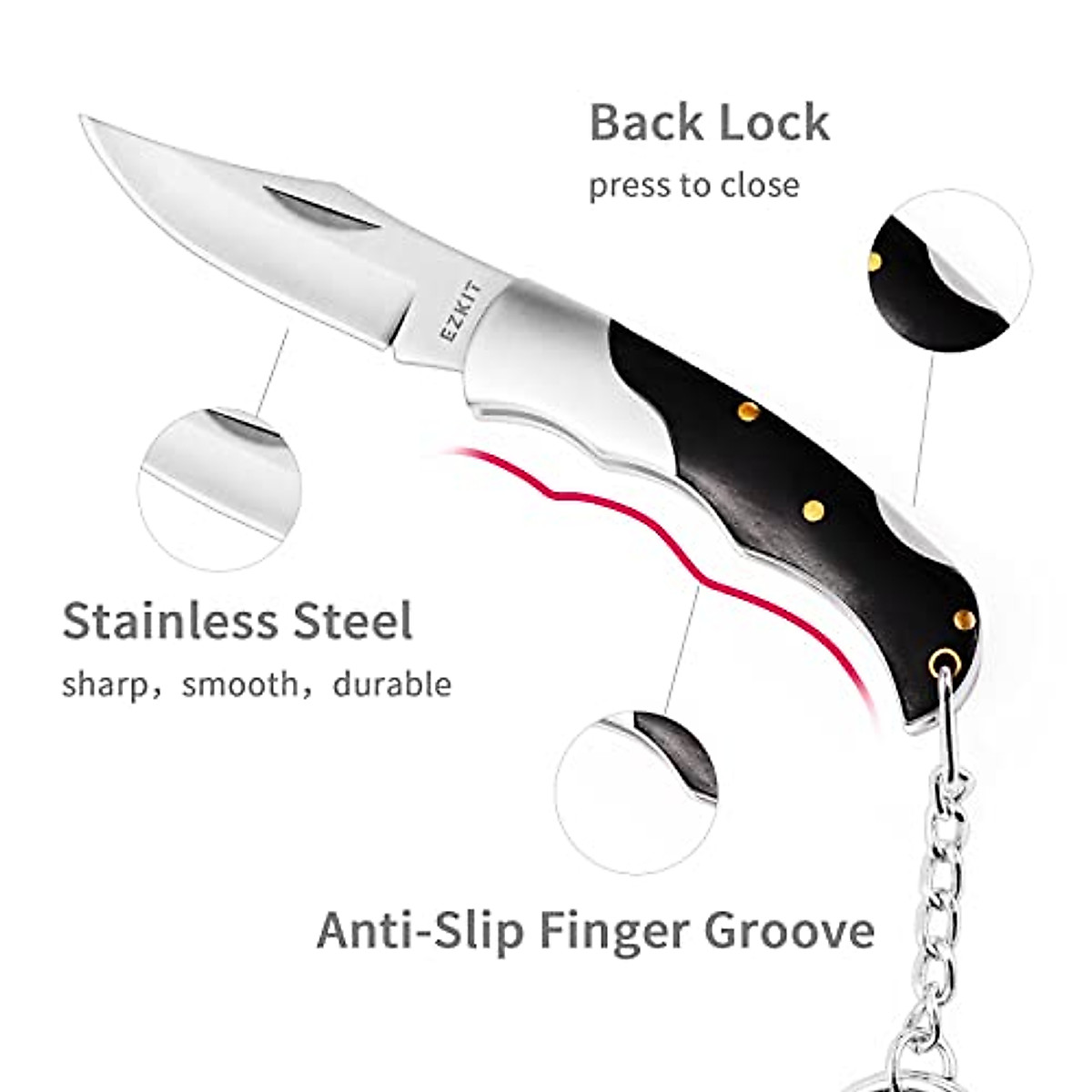 EZKIT Small Pocket Knife, EDC Pocket Knife, D2 Stainless Steel and Wood Handle, Small Knife, Blade Length 2in