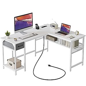 BANTI L Shaped Desk with Power Outlets, Computer Desk with Drawer, Reversible Corner Desk with Grid Storage Bookshelf, Home Office Desk, White