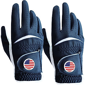 FINGER TEN Golf Gloves Men Left Handed Golfer 2 Pack Right Hand with Ball Marker Leather Premium Weathersof Grip Soft Mens Golf Glove (Blue,Medium,Worn on Right Hand)