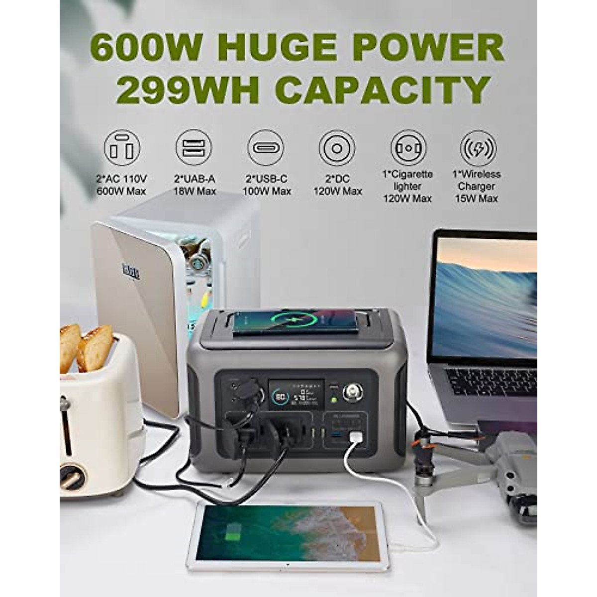 ALLPOWERS 299Wh 600W Portable Power Station R600, LiFePO4 Battery Backup with UPS Function, 1 Hour to Full 400W Input, MPPT Solar Generator for Outdoor Camping, RVs, Home Use