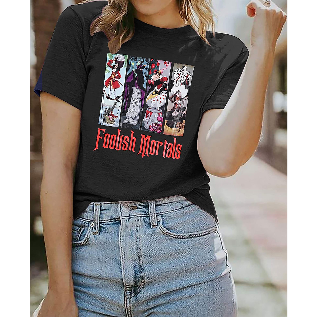 Beware of Hitch Hiking Ghost Shirt Women Funny Halloween Shirt Haunted Mansion Tshirt Hocus Pocus Fall Short Sleeve Top Dark Grey