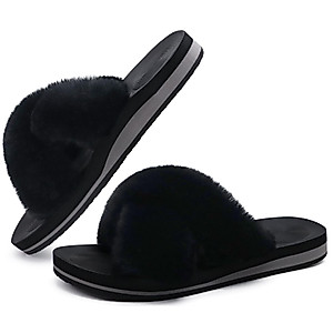 COFACE Womens Fuzzy Slides Fluff Fax Fur Cross Slippers Open Toe Yoga Mat House Slippers Sandals With Arch Support For Indoor/Outdoor