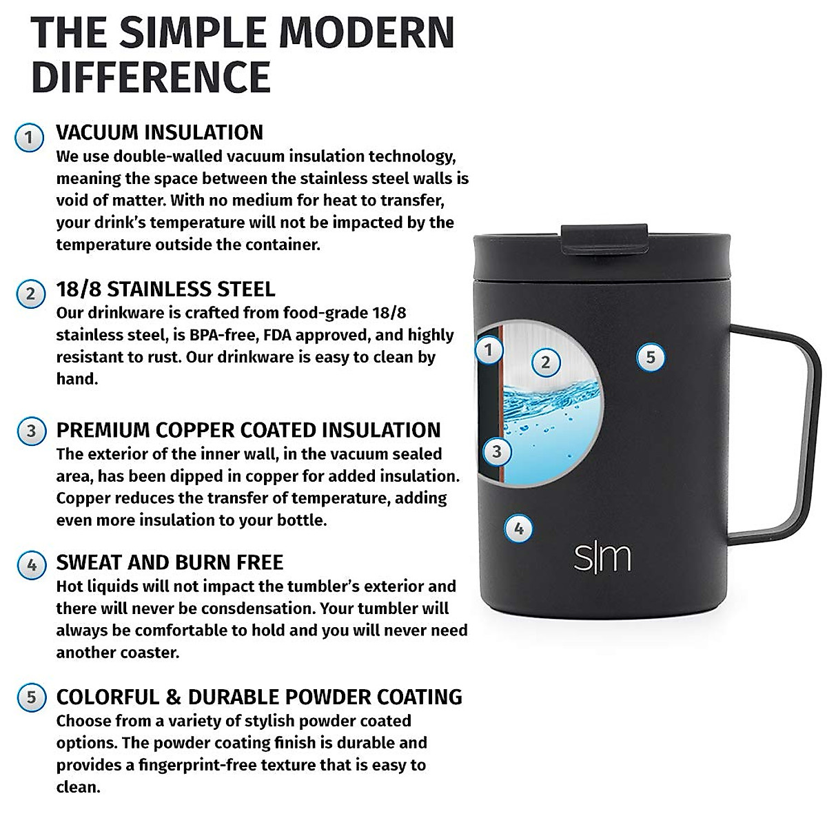 Simple Modern Travel Coffee Cup with Lid and Handle | Reusable Insulated Stainless Steel Iced Coffee Mug Cold Brew Tumbler and Tea Cup | Scout Collection | 12oz | Midnight Black