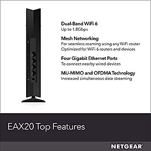 NETGEAR WiFi 6 Mesh Range Extender (EAX20) - Add up to 1,500 sq. ft. and 20+ devices with AX1800 Dual-Band Wireless Signal Booster & Repeater (up to 1.8Gbps speed), plus Smart Roaming