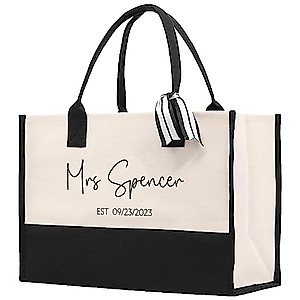 VANESSA ROSELLA Mrs. Last Name Est Year Tote Bag Personalized Date Wedding Tote Bridal Shower Gift Honeymoon Gift Customized Wedding Gift Bridesmaid Gift (Black, Name and Year)