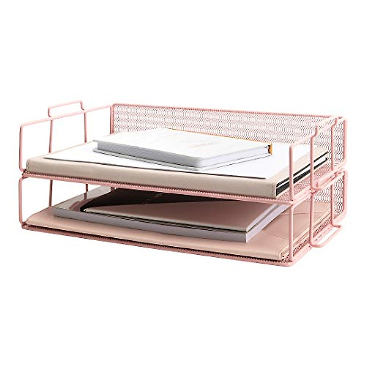 Blu Monaco Pink Desk Organizer Stackable Paper Tray Set of 2 - Metal Wire Two Tier Tray - Stackable Letter Tray - Inbox Tray for Desk