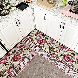 yazi Fabric Kitchen Mat Area Rug Red Striped Flower Non-Slip Rubber Backing Floomat,47x18 Inches