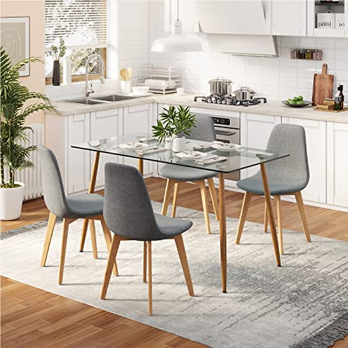 Giantex 5-Piece Dining Room Table Set, Multifunctional Kitchen Dinette Set of 5, 51" L X 27.5" W Table & Chair Set for 5, Rectangular Glass Dining Table & 4 Linen Chairs for Living Room