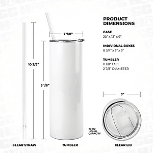 Hogg 20 oz Skinny Tumbler Bundle (24 Units) - 12 Sublimation 12 Stainless Steel Tumbler Blanks, 20 oz Tumbler Pack with Lids and Straws, Stainless Steel Tumblers Bulk, Blank Tumblers for Vinyl and DIY