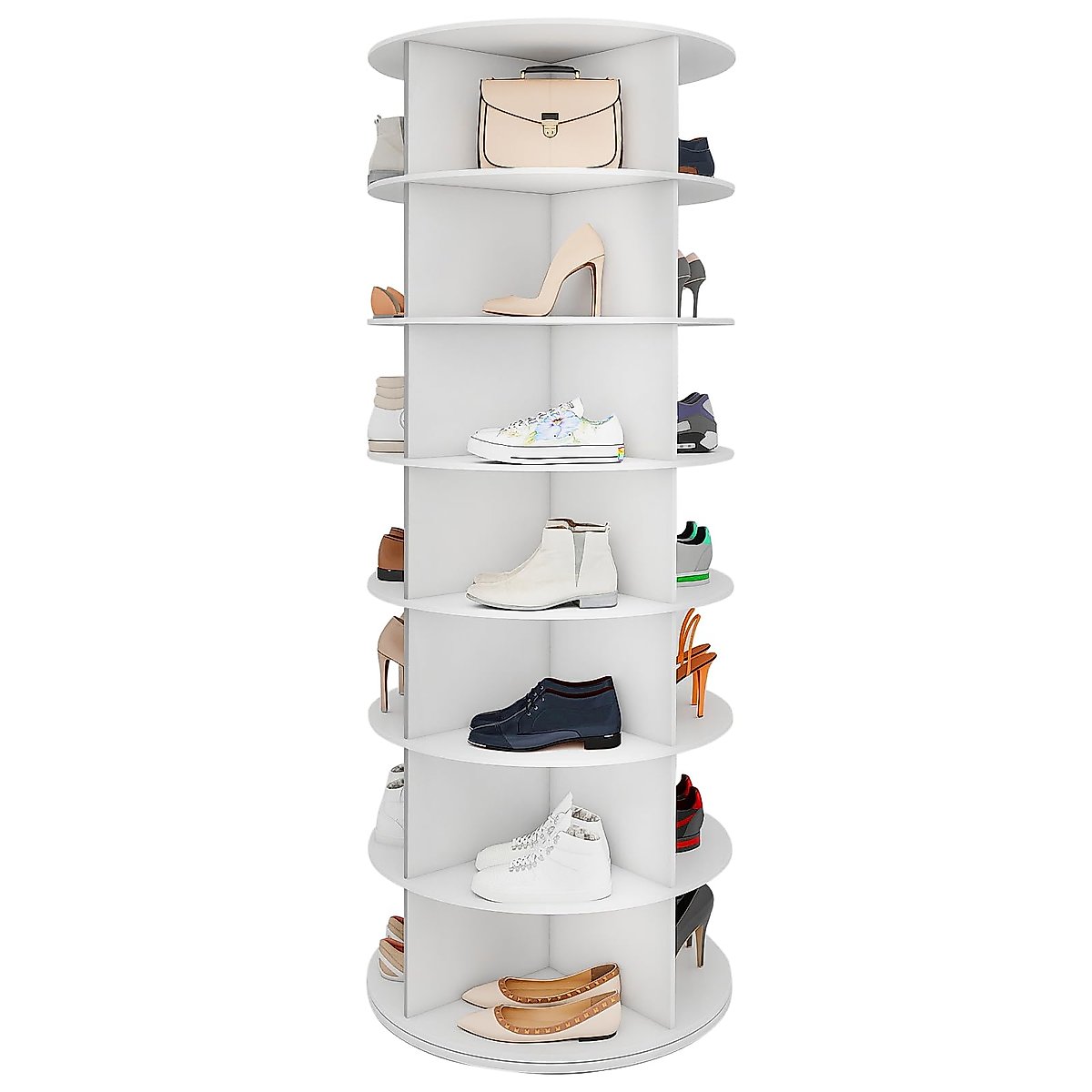Toemics 7 Tier Rotating Shoe Rack Tower 28 Shelves, 360° Spinning Display Lazy Susan Organizer, Carousel for Shoes & Handbags, Easy Assembly, Includes 4 PCS Double-Layer Shoe Racks, White