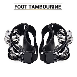 Facmogu 2PCS Foot Tambourine Percussion, Musical Instrument Percussion Pedal with Steel Jingle Bells for Drum & Guitar Playing, Foot Percussion Shakers with Elastic Strap for Adults - Black