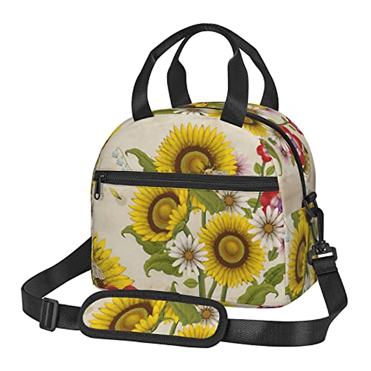 NOLACE Bees Sunflowers Daisy Rose Flowers Lunch Bag For Women & Men Adjustable Shoulder Strap,Leak Proof,Tote Bag For Office Work,Picnic