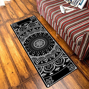 Mandala Antifatigue Kitchen Bath Door Mat Cushioned Runner Rug, Washable Welcome Floor Sink Mat, Abstract Floral Pattern Black Waterproof & Non-Slip Comfort Standing Doormat for Kitchen, 24"x36"