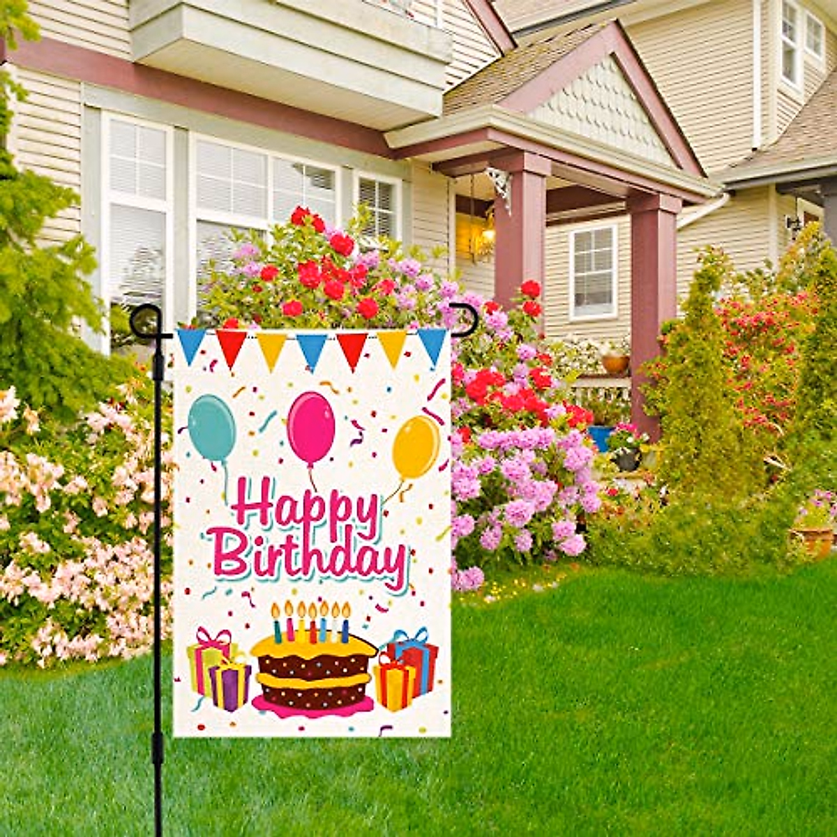 QWETRY Happy Birthday Garden Flag Double Sided, Small Vertical Premium Burlap Rustic Welcome Birthday Yard Flag for Farmhouse Outside Outdoor Flags 12.5 x 18 Prime Birthday Party Celebration Banner