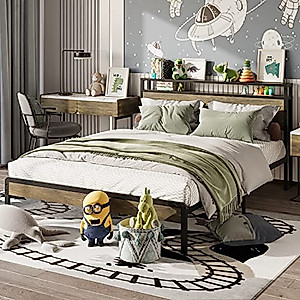 LIKIMIO Full Bed Frame, Platform Bed Frame Full with 2-Tier Storage Headboard and Strong Support Legs, More Sturdy, Noise-Free, No Box Spring Needed, Rustic Maple