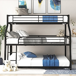 Bellemave Metal Triple Bunk Beds Twin XL/Full XL/Queen, Made of Heavy Duty Steel with Long and Short Ladder and Full-Length Guardrails for Boys, Girls, Teens (Black)