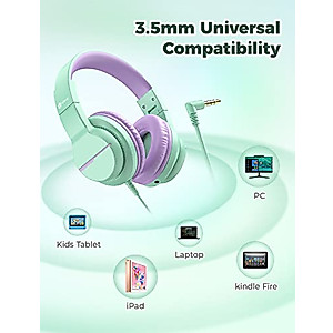 iClever HS19 Kids Headphones with Microphone for School, Volume Limiter 85/94dB, Over-Ear Girls Boys Headphones for Kids with Shareport, Foldable Wired Headphones for iPad/Fire Tablet/Travel, Green