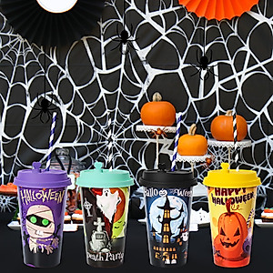 FZR Legend 24 Pack Halloween Party Favors Goodie Cups, Bats Ghost Cats Pumpkin Witch Spider Party Plastic Cups with 4 Patterns, 16OZ Reusable Halloween Party Decorations Supplies Cups with Lids Plugs
