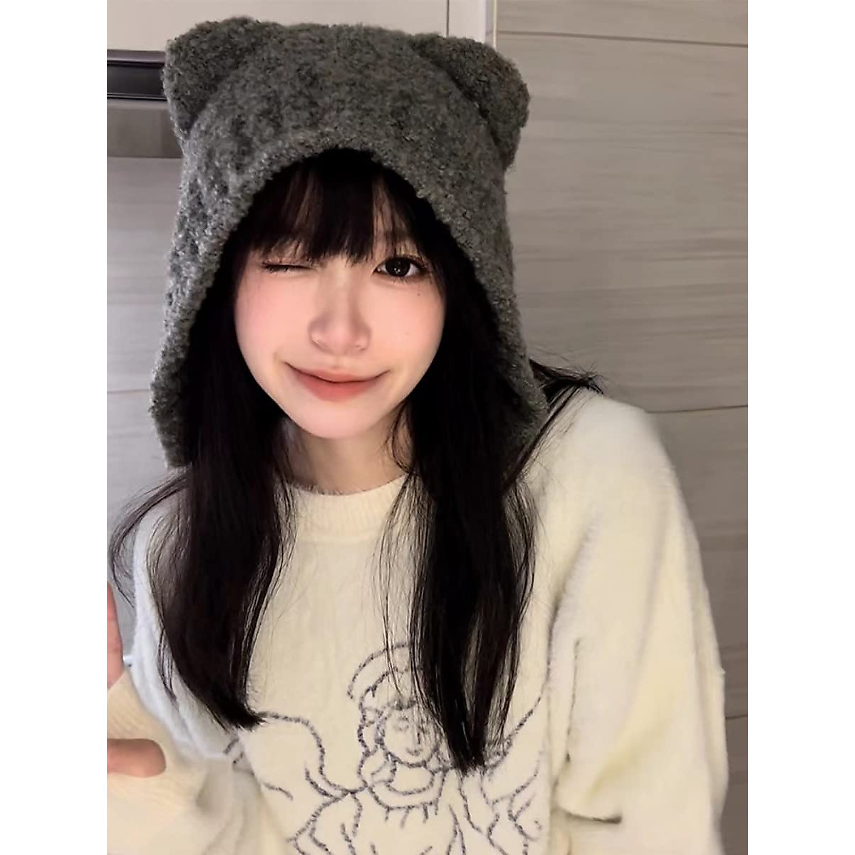 Fairy Grunge Beanie Y2K Bear Ears Hat Crochet Slouchy Hat Winter Warm Knitted Alt Headwear Accessories (Gray,54-58cm)