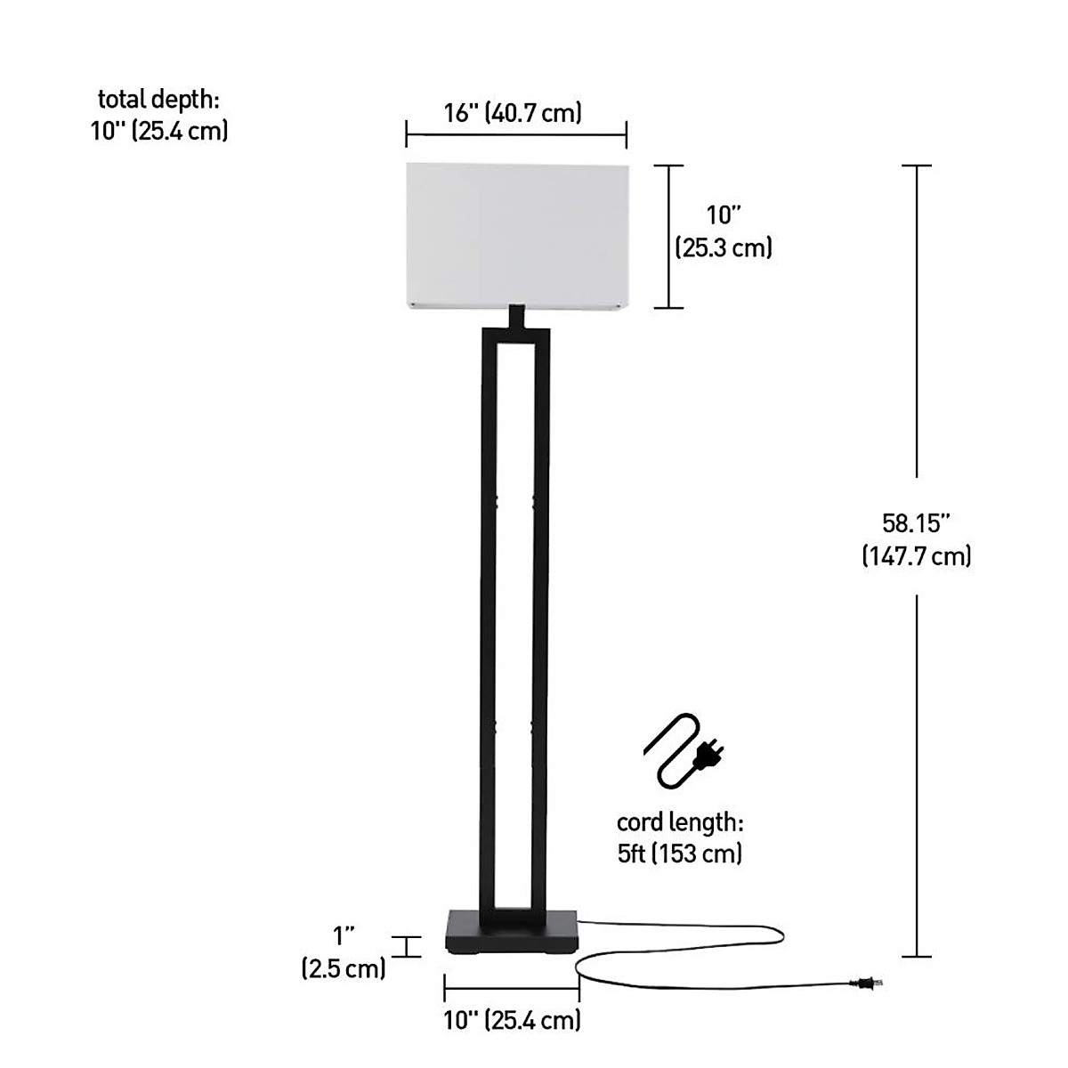 Globe Electric 67046 D'Alessio 58" Floor Lamp, Matte Black, White Linen Shade, On/Off Socket Rotary Switch