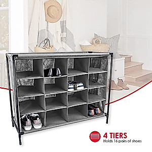 Sunbeam 4 Tier 16 Pair Shoe Rack Cubby Shelf Organizer Non Woven Polyester Fabric Portable and Durable Gray