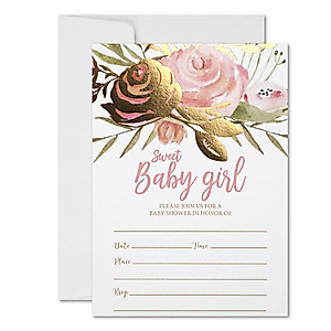 All Ewired Up 50 Baby Shower Invitations, Real Gold Foil Pink Blush Sweet Baby Girl Shower Invites and Envelopes (Large Size 5x7) Floral Roses Greenery Stunning Design