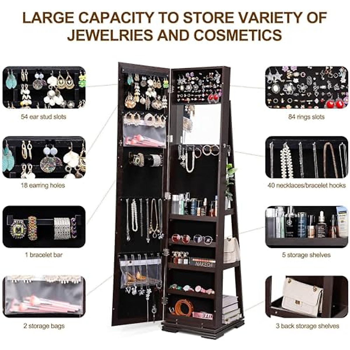 Titan Mall 360° Rotating Jewelry Cabinet Standing Jewelry Armoire with Full Length Mirror,Revolving Makeup Jewelry Holder Organizer Full Body Mirror,Large Stand Up Jewelry Box,Women Girl Gift,Brown