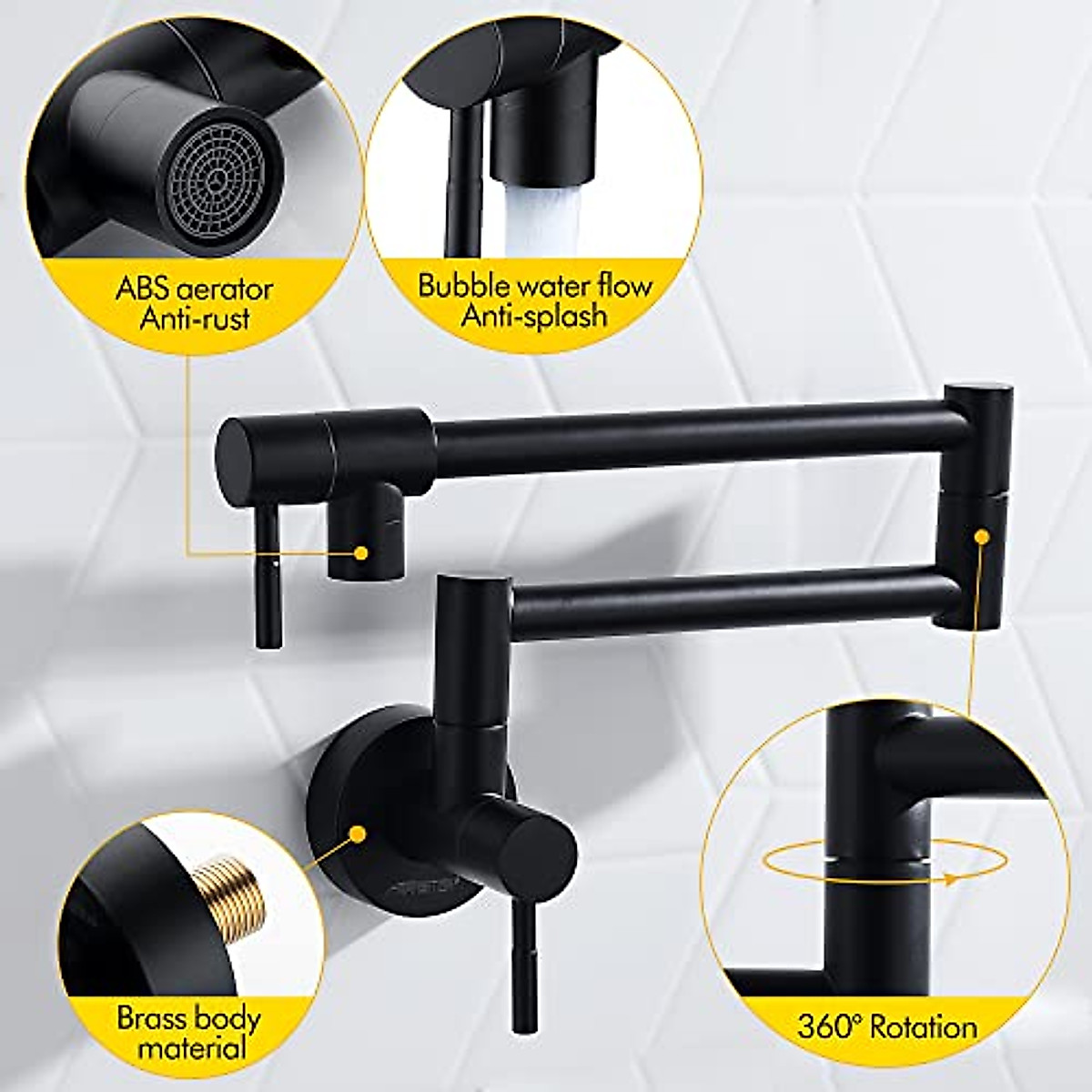 Fransiton Matte Black Pot Filler, Pot Filler Faucet Wall Mount, Brass Folding Stretchable with Double Joint Swing Arm Single Hole Two Handles Kitchen Restaurant