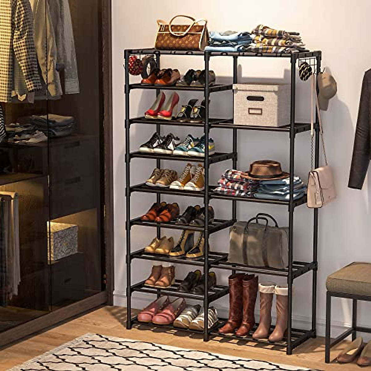 Tribesigns 9 Tiers Shoe Rack, 28-32 Pairs Large Separable Shoe Organzier 9-Tier +5-Tier Metal Boot Shelf with Side Hooks Shoe Tower Space Saving Shoe Storage Cabinet for Entryway Room Organization