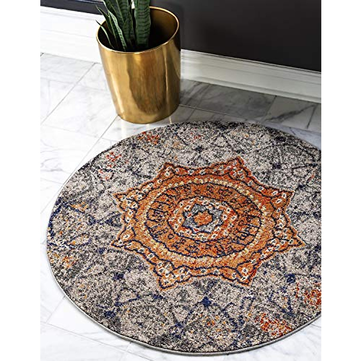 Unique Loom Vita Collection Modern Over-Dyed Center Medallion Vintage Area Rug, 8 ft x 8 ft, Gray/Ivory