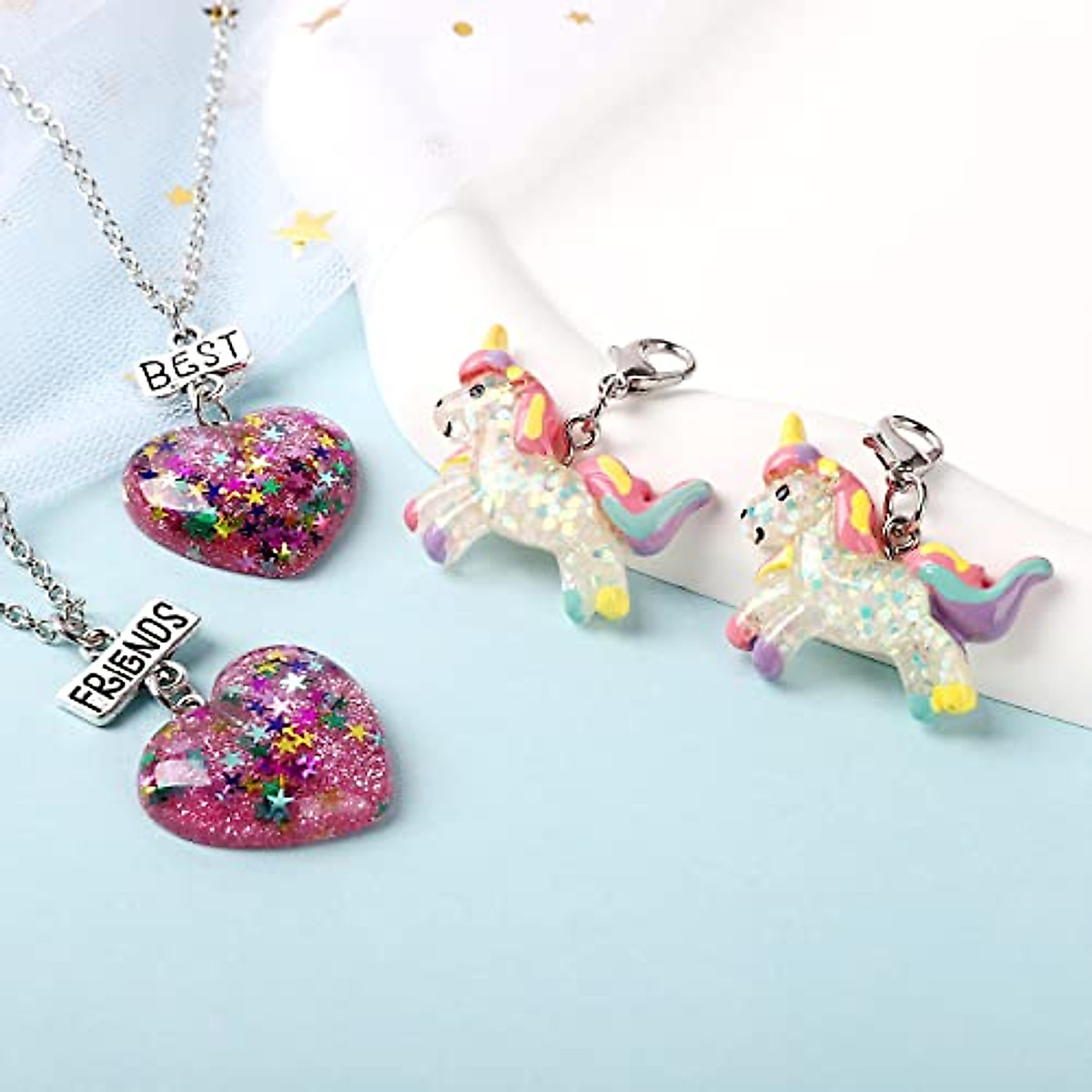 HH-Love-Kids BFF Friendship Necklace Lovely Heart Necklace Jewelry- Best Friend Necklaces BFF Gifts for 2 Matching Heart Best Friends Forever Pendant Necklaces Fluorescent Unicorn Keychian Included