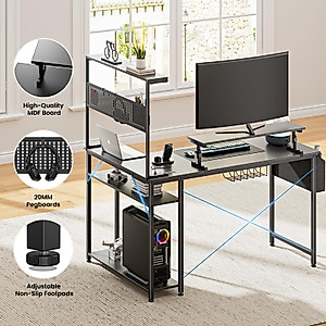 DOMICON 52 Inch L Shaped Gaming Desk with DIY Pegboard, Computer Desk with Monitor Stand, Power Outlets & LED Lights, Reversible Office Desk