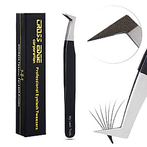 My Lash Tools Fiber Tip Lash Tweezers for Eyelash Extensions Pro Tweezer for Volume Lashes Japanese Stainless Steel Mink Lashes Fan Making Mega Volume Boot Angled Lashing Tweezers (Black)