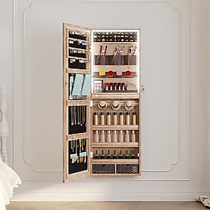LVSOMT Wall Mount Mirror Jewelry Cabinet with LED Lights, Hanging/Over the Door Jewelry Organizer, Lockable Jewelry Armoire Mirror, Full Length Mirror with Jewelry Storage, Brown