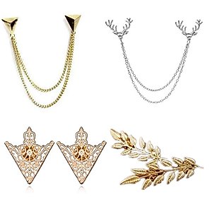 TFYU 4 Pcs Deer Head Double Link Chains, Gold Stud, Retro Hollow Pattern and Angle Triangle Tassels Collar Pins Brooch Clip Pin Brooches Shirt Collar Decoration Parts with Free Box