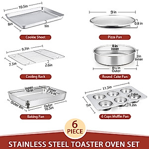 Toaster Oven Bakeware Set, E-far 6-Piece Stainless Steel Small Baking Pan Set, Include Cake Brownie Pan/Cookie Sheet with Rack/Muffin Tin/Pizza Pan, Non-Toxic & Healthy, Easy Clean & Dishwasher Safe