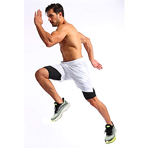 Pudolla Men’s 2 in 1 Running Shorts 7" Quick Dry Gym Athletic Workout Shorts for Men with Phone Pockets(White Medium)