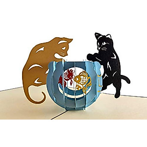 iGifts And Cards Two Cute Cats With Fish Bowl 3D Pop Up Greeting Card - Playful, Furry, Lovable, Pussycat, Active, Meow, Kittens Half-Fold, Happy Birthday, Just Because, Thinking of You, Friendship