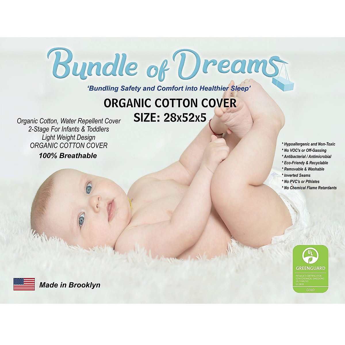 Bundle of Dreams Eco Air Organic Baby Crib Mattress Water Repellent Zipper Cover, 5-Inch (Cover Only)