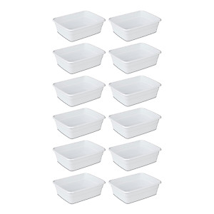 Sterilite Small Portable Rectangle Plastic Heavy Duty Reinforced Plastic 8 Qt Kitchen Dish Pan Basin Container for Dishware & Laundry, White (12 Pack)
