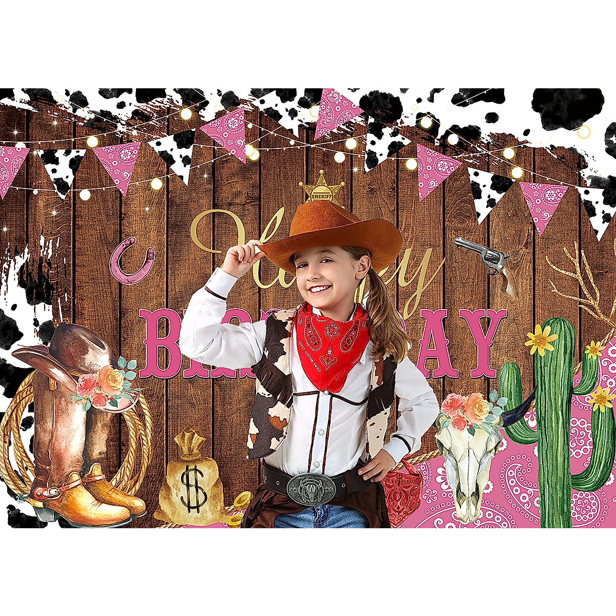 Western Cowgirl Happy Birthday Backdrop Cow Print Pink Wild Party Decorations Banner Rustic West Rodeo Boot Cowgirl Birthday Photography Background Party Supplies Banner 7X5FT(82x59inch)