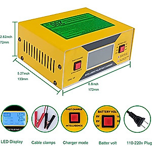 6/8/12/14/24 Volt Battery Charger Automotive, JYEASTZ Smart Car Battery Charger 0-10A, Maintainer and Fully Automatic Charger with Cable Clamps, Suitable for Cars, Golf Cart, Boats, Motorcycles, etc.